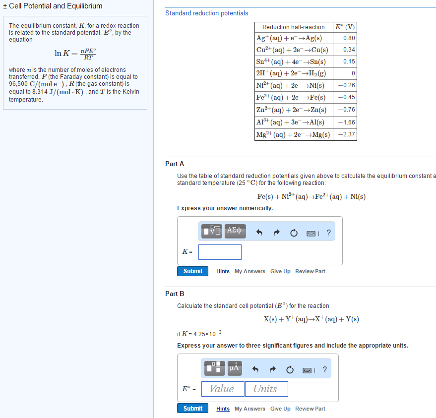 Solved The equilibrium constant K, for a redox reaction is | Chegg.com