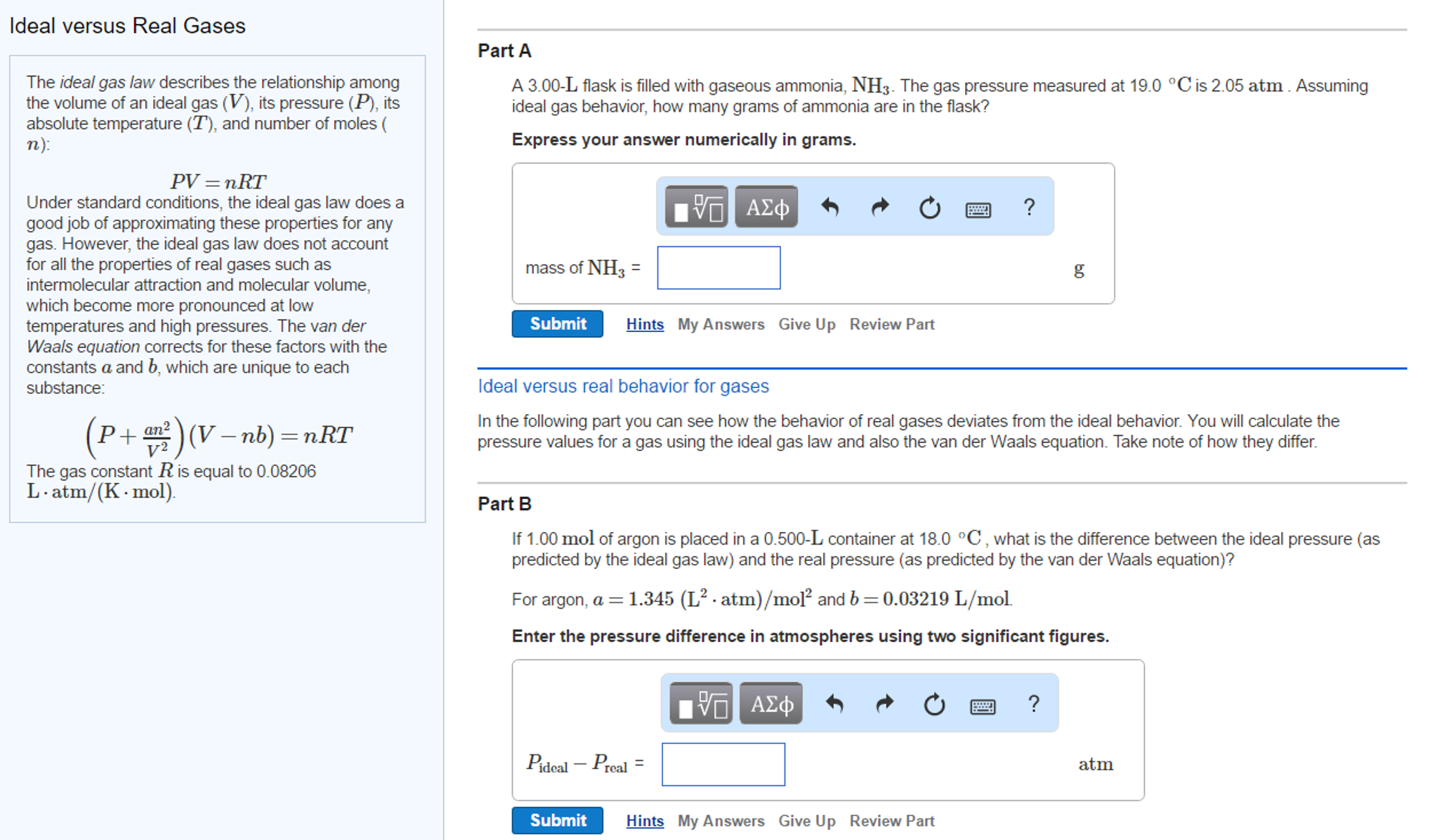 Solved Ideal versus Real Gases The ideal gas law describes | Chegg.com
