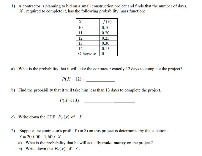 Solved I) A contractor is planning to bid on a small | Chegg.com