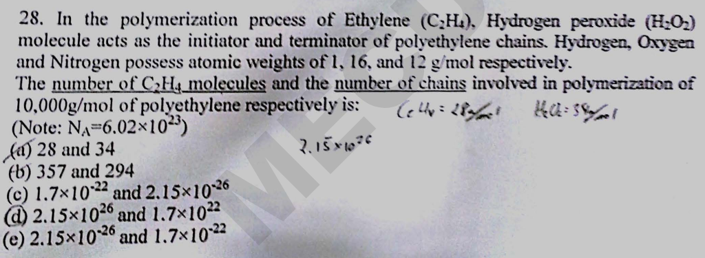 Solved In the polymerization process of Ethylene (C_2H_4). | Chegg.com
