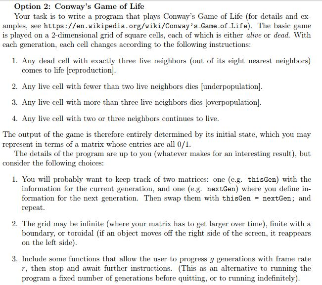 Option 2: Conway's Game of Life Your task is to write | Chegg.com