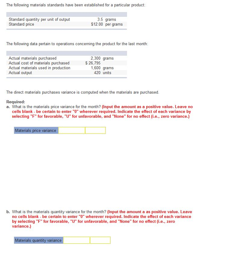 Solved The following materials standards have been | Chegg.com