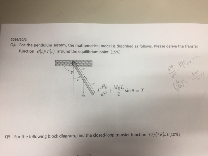 Solved For the pendulum system, the mathematical model is | Chegg.com