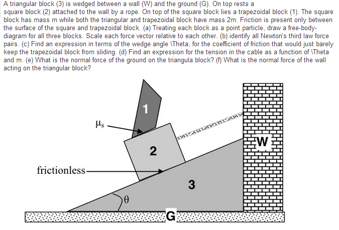 Solved A triangular block (3) is wedged between a wall (W) | Chegg.com