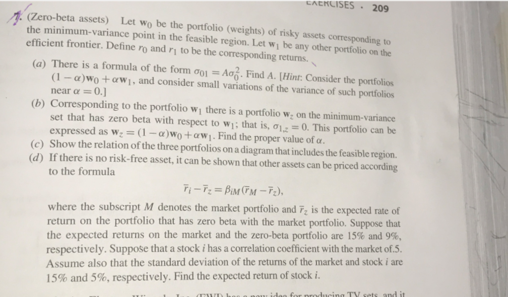 Solved ACKCISES 209 (Zero-beta assets) Let wo be the | Chegg.com