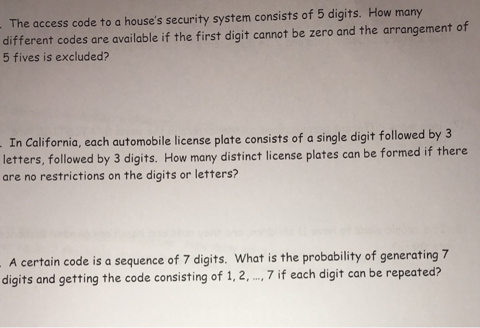 Solved The access code to a house's security system consists | Chegg.com