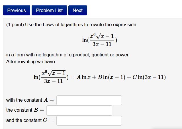 Solved Previous Problem List Next (1 point) Use the Laws of | Chegg.com