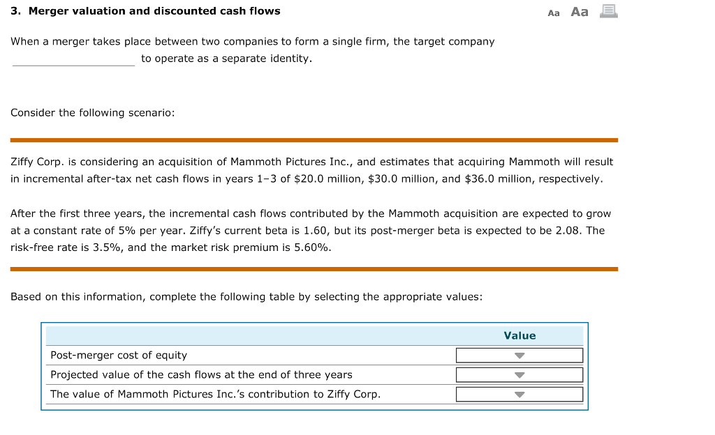 Solved 3. Merger valuation and discounted cash flows Aa Aa | Chegg.com