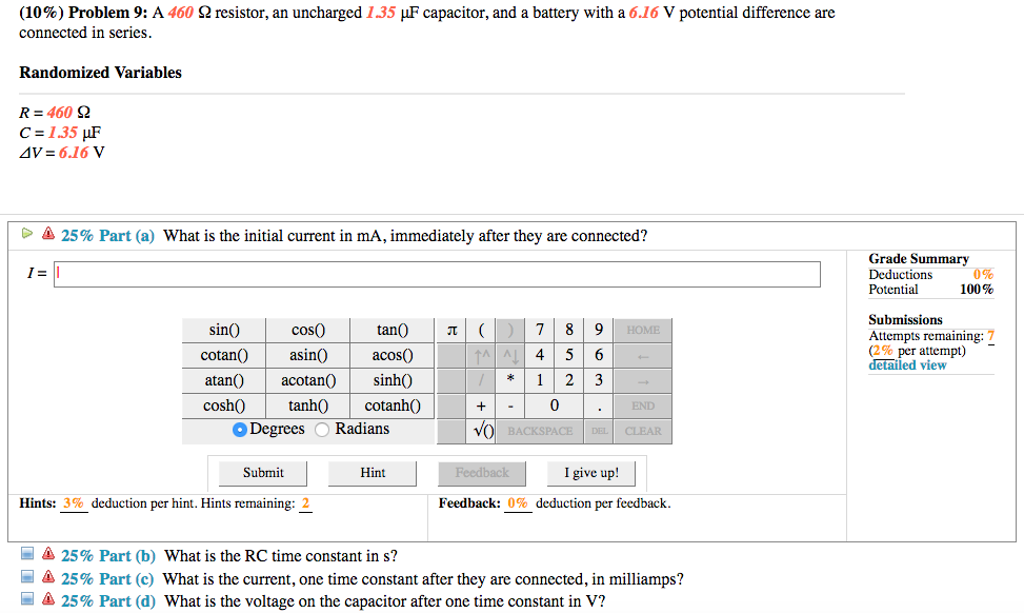 Solved A 460 Ohm resistor, an uncharged 1.35 mu F capacitor, | Chegg.com