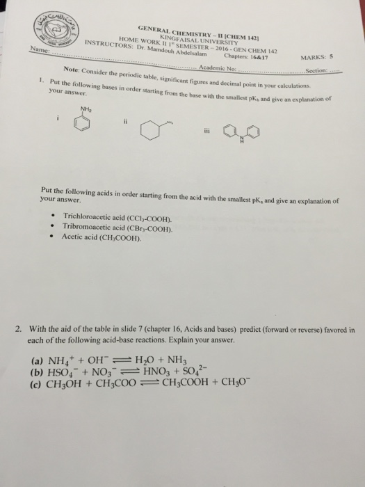 Solved GENERAL CHEMISTRY I UNIVERSITY 1421 SEMESTER HOMEWORK | Chegg.com