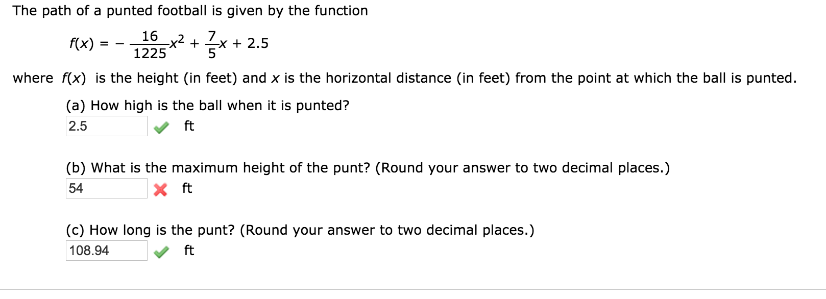 Solved The path of a punted football is given by the | Chegg.com