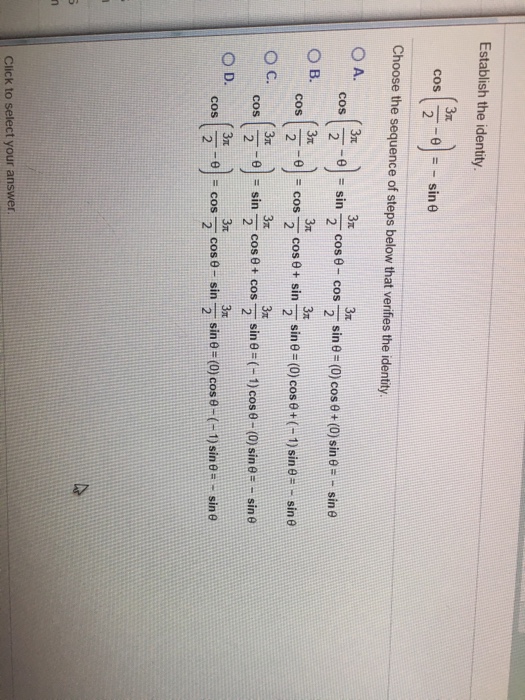 Solved Establish the identity. cos (3 pi/2 - theta) = - sin | Chegg.com