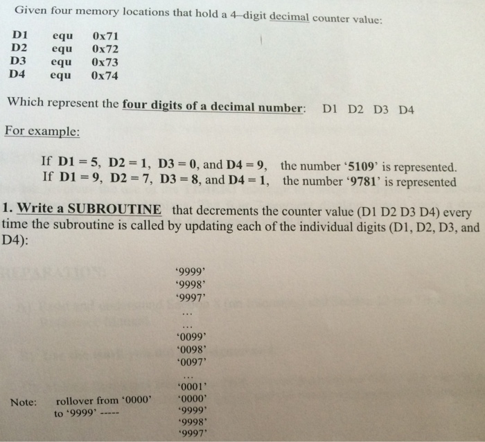 Given four memory locations that hold a 4-digit | Chegg.com