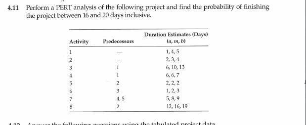 Solved Perform a PERT analysis of the following project and | Chegg.com