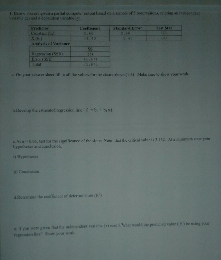 Solved 1. Below you are given a partial computer output | Chegg.com