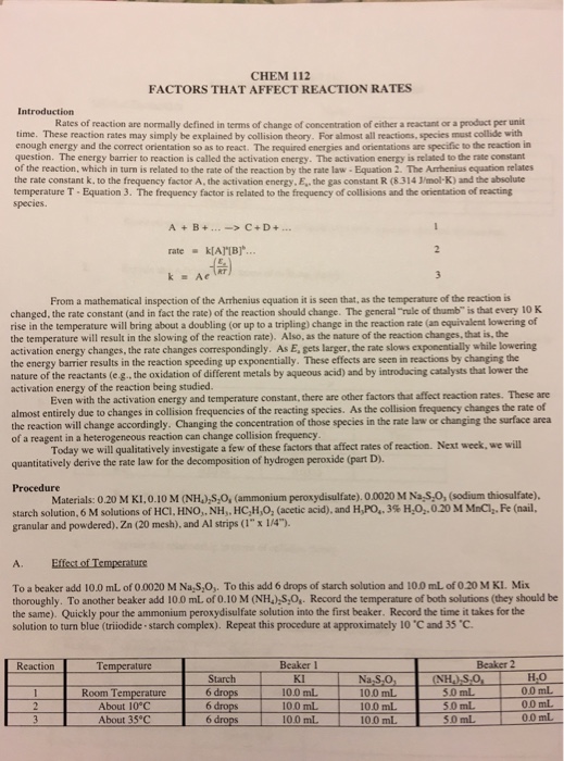 Solved CHEM 112 FACTORS THAT AFFECT REACTION RATES | Chegg.com