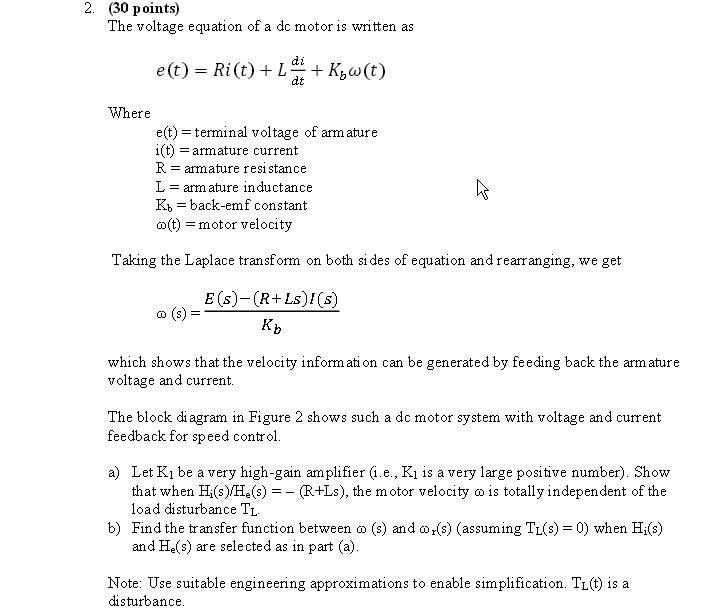 2. (30 points) The voltage equation of a dc motor is | Chegg.com