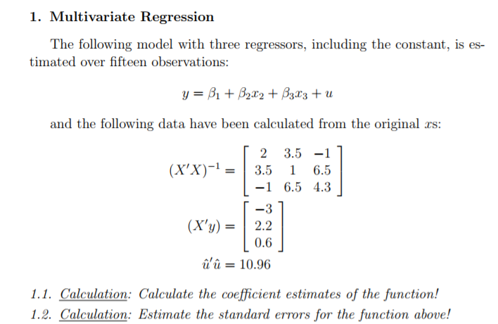 Solved 1. Multivariate Regression The following model with | Chegg.com