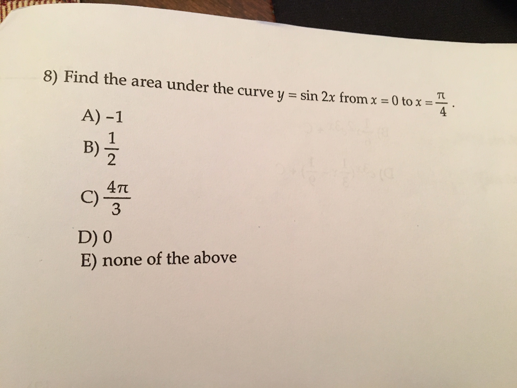 Solved 8) Find the area under the curve y-sin 2x from x = 0 | Chegg.com