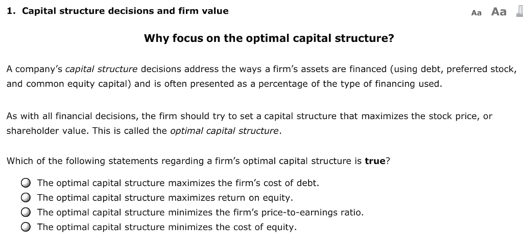 Solved 1. Capital structure decisions and firm value Aa Aa | Chegg.com Solved 1. Capital structure decisions and firm value Aa Aa | Chegg.com