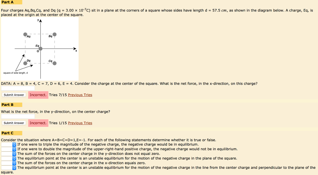 Solved Four charges Aq, Bq, Cq, and Dq (q = 3.00 times 10^-7 | Chegg.com