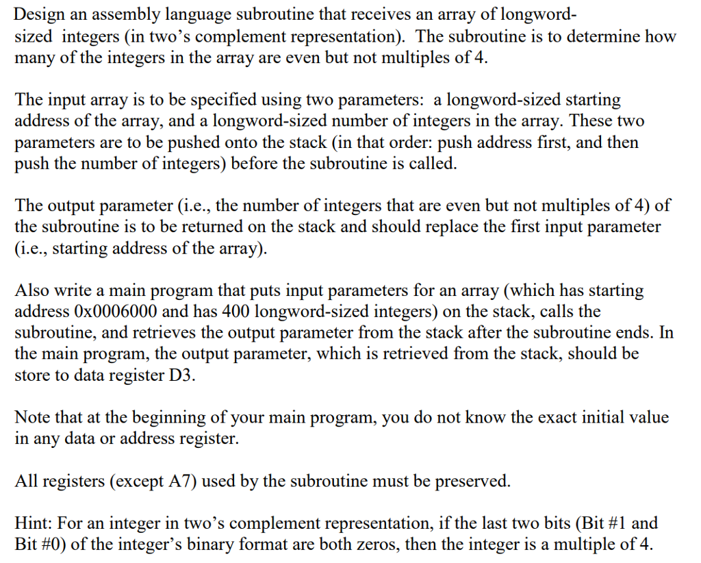 Design an assembly language subroutine that receives | Chegg.com