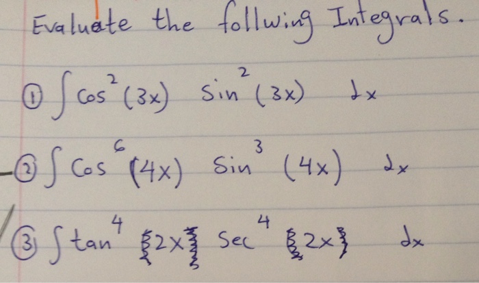 Solved Evaluate the following integrals. 1) int cos^2 (3x) | Chegg.com