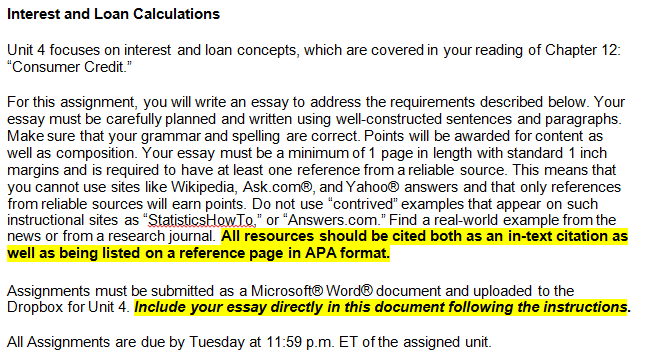 Solved Interest and Loan Calculations Unit 4 focuses on | Chegg.com