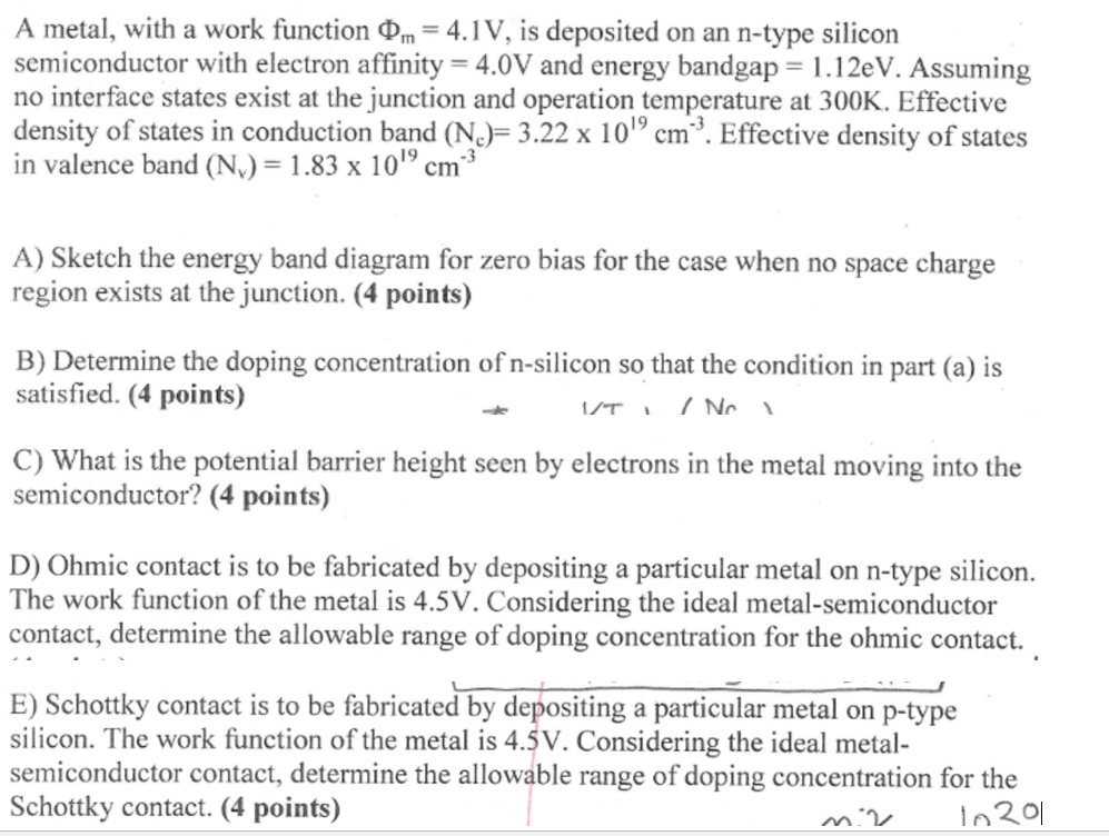 Solved A metal, with a work function phi_m = 4.1V, is | Chegg.com