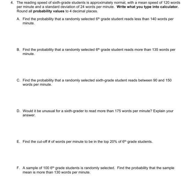Solved 4. The reading speed of sixth-grade students is | Chegg.com