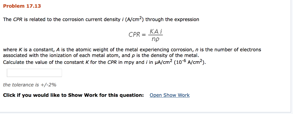 Solved Problem 17.13 The CPR is related to the corrosion | Chegg.com