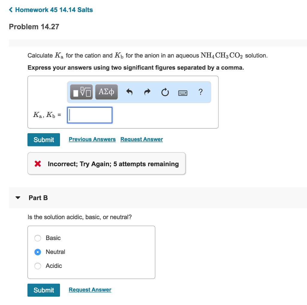 Solved KHomework 45 14.14 Salts Problem 14.27 Calculate Ka | Chegg.com