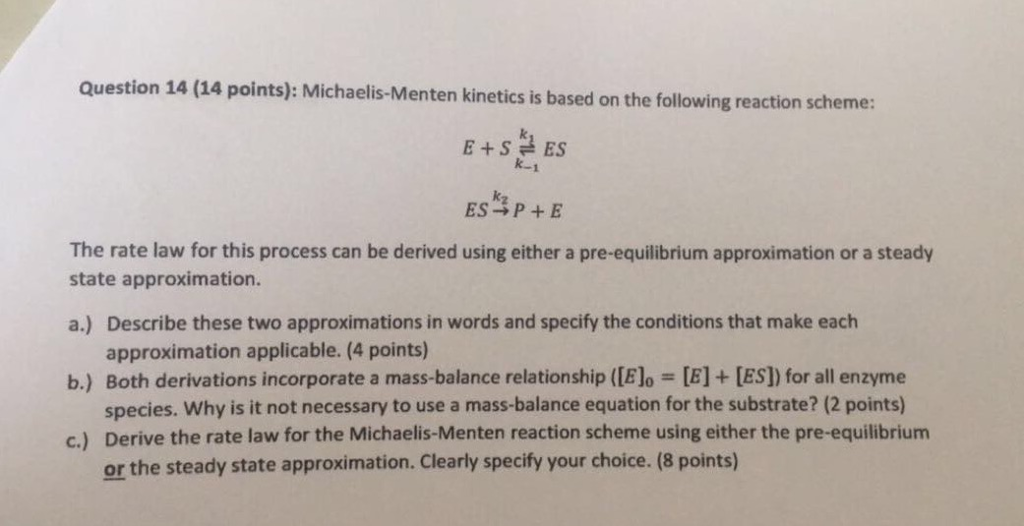 Solved Michaelis-Menten kinetics is based on the following | Chegg.com