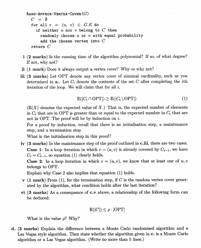 RAND-APPROX-VERTEX-COvER (G) for all e = (u, u) E | Chegg.com