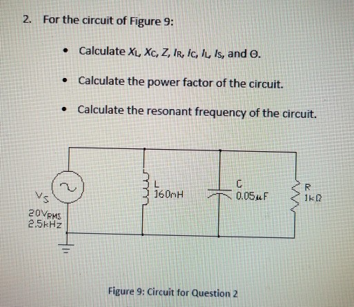 Solved 2. For the circuit of Figure 9: Calculate XL Xc, Z, | Chegg.com