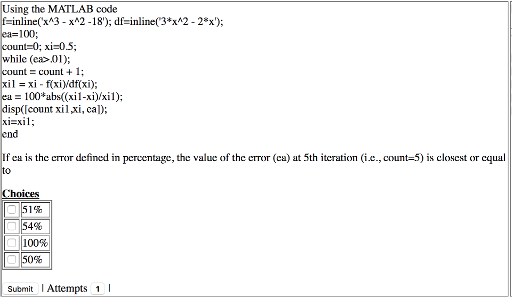 Solved Need The Matlab Code To Solve For Percentage Error At