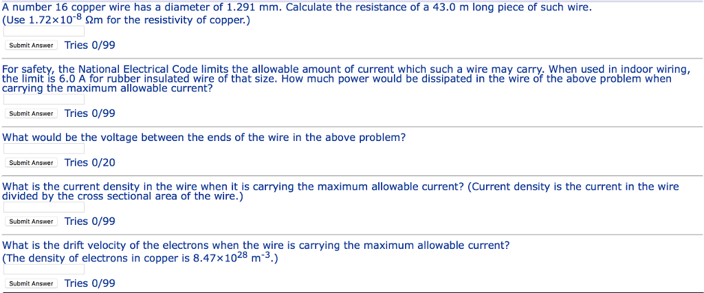 Solved A number 16 copper wire has a diameter of 1.291 mm. | Chegg.com