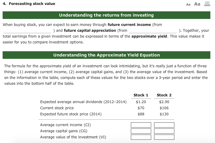 Solved 4. Forecasting stock value Aa Aa Understanding the | Chegg.com