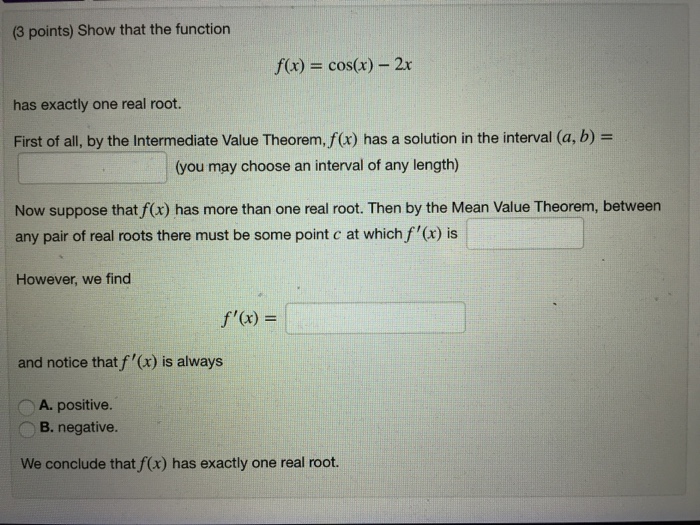 Solved Show that the function f(x) = cos(x) - 2x has exactly | Chegg.com