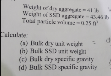 Solved weight of dry aggregate = 41 lb . Weight of SSD | Chegg.com