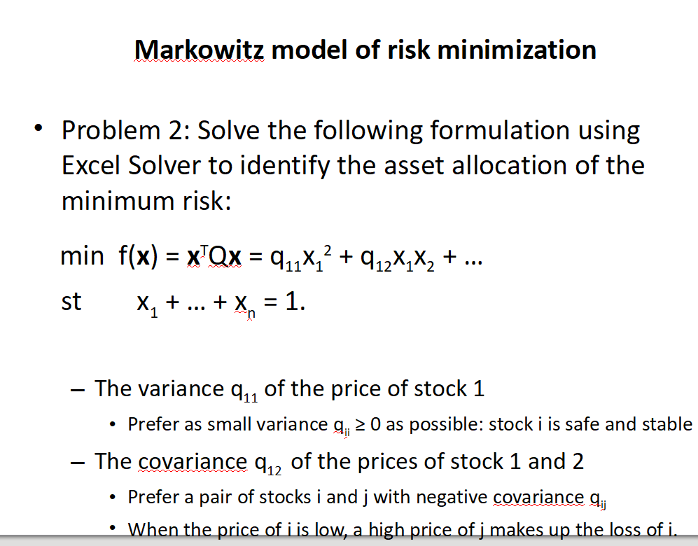 Markowitz model of risk minimization Problem 2: Solve | Chegg.com