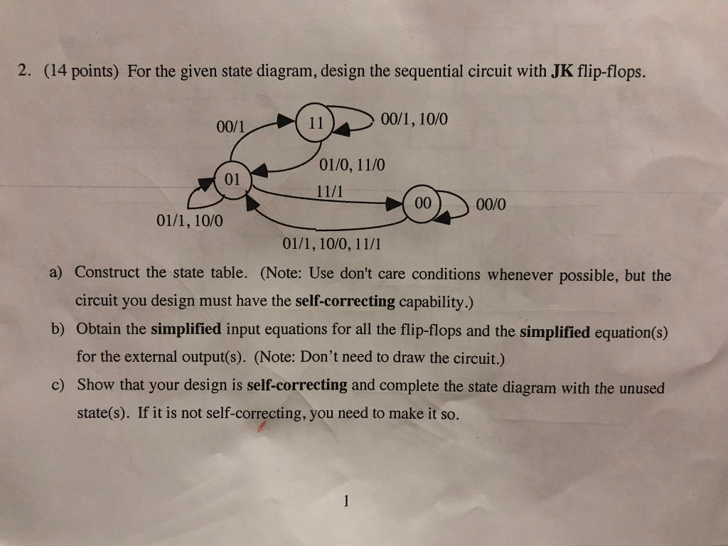 Solved 2. (14 points) For the given state diagram, design | Chegg.com