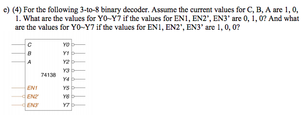 Solved e) (4) For the following 3-to-8 binary decoder. | Chegg.com