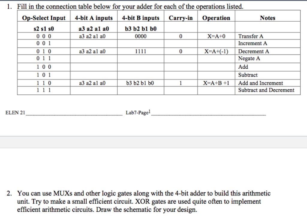 Solved Fill in the connection table below for your adder for | Chegg.com