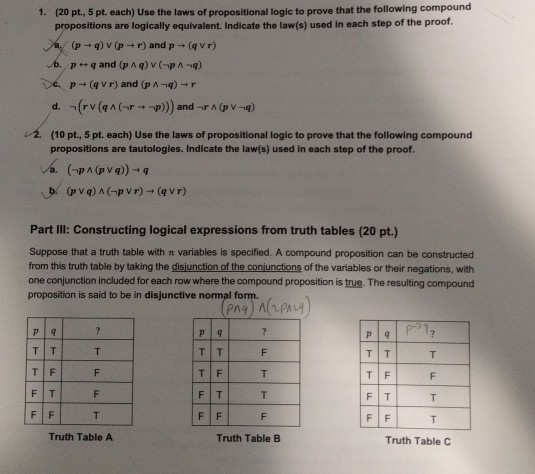 Question & Answer: 1. (20 pt, 5 pt. each) Use the laws of propositional ... Question & Answer: 1. (20 pt, 5 pt. each) Use the laws of propositional ...