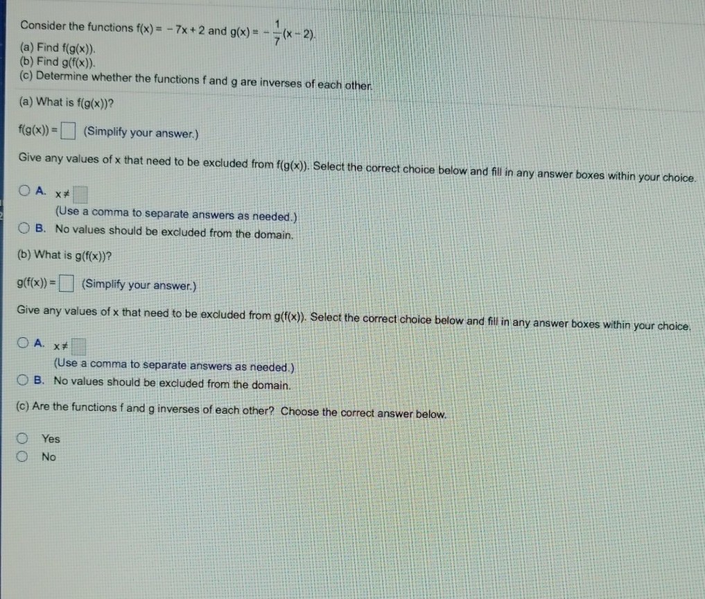 Solved Consider The Functions F X 7x 2 And G X S X 2