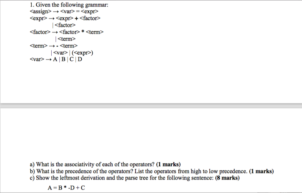 Solved 1. Given the following grammar. → | Chegg.com
