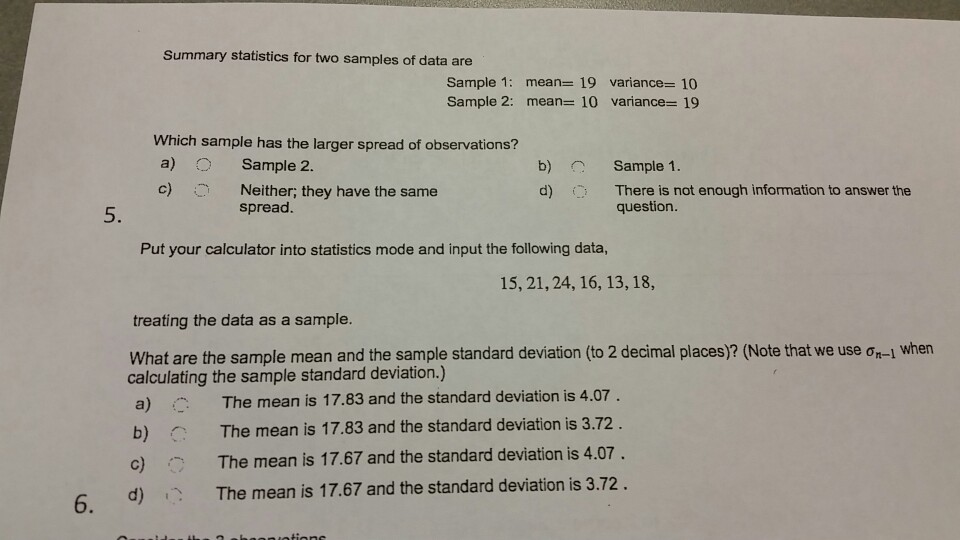 Solved Summary statistics for two samples of data are | Chegg.com