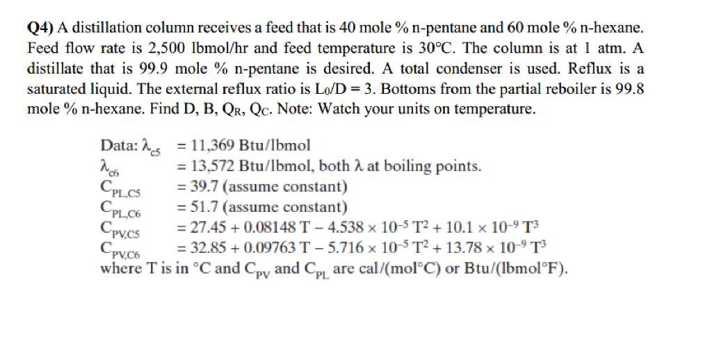 Solved Q4) A distillation column receives a feed that is 40 | Chegg.com