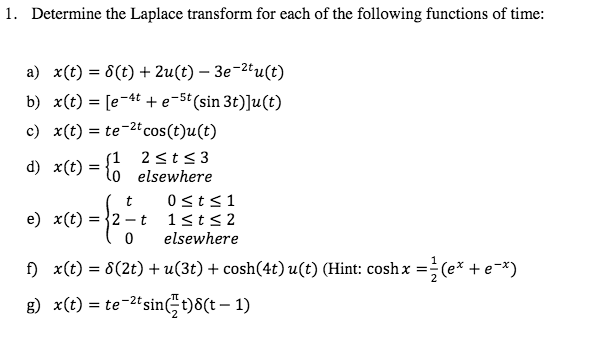 Solved 1. Determine the Laplace transform for each of the | Chegg.com